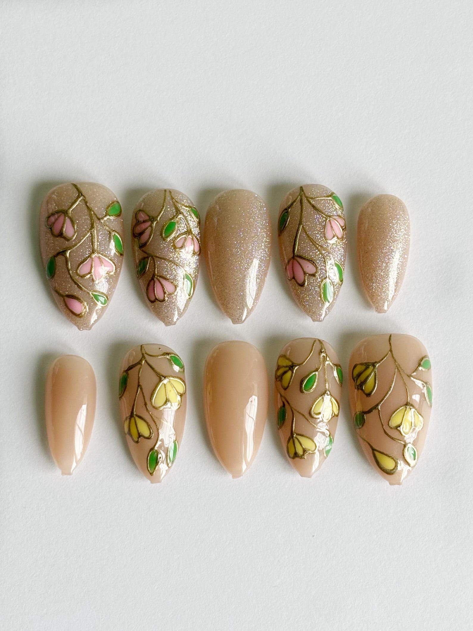 Yellow Stained Glass Flowers - Press on Nails/yellow Flower Nails/gold ...
