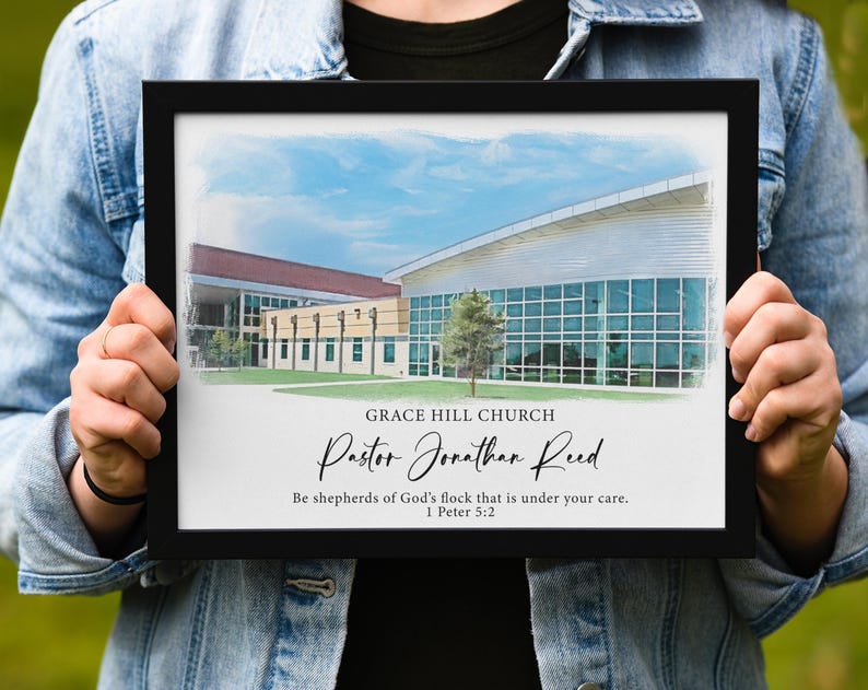 Custom Watercolor Church Portrait: Pastor Appreciation, Retirement Gift ...