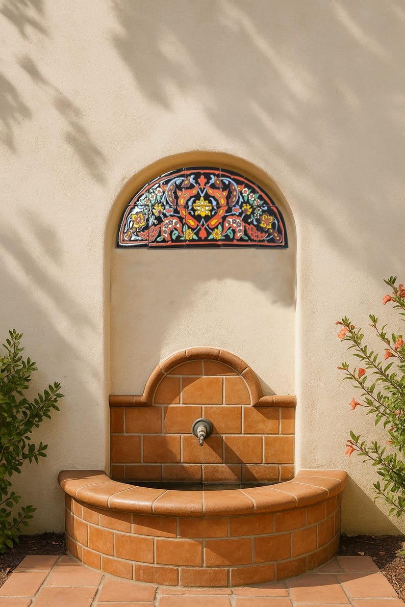 Hand-painted Floral Ceramic Tile Mural: Cuerda Seca Technique, Half ...