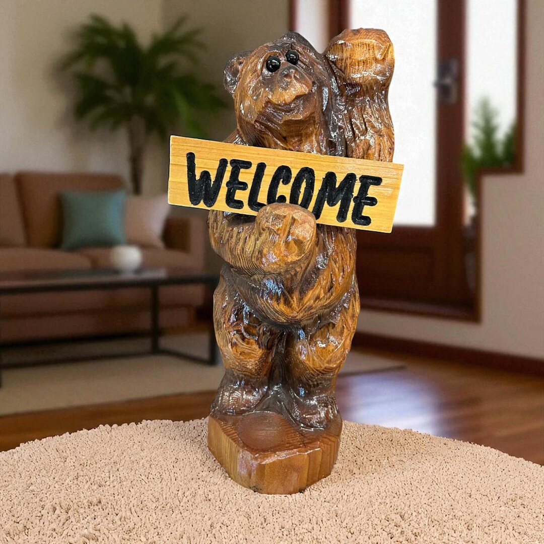 Hand Carved Wooden Bear With Sign | Rustic “go Away” or “welcome” Bear ...