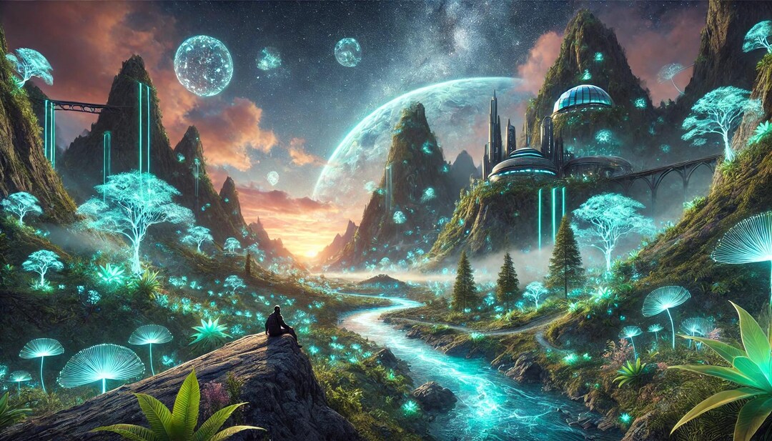 Surreal Sci-fi Nature Landscape With Floating Islands & Bioluminescent ...