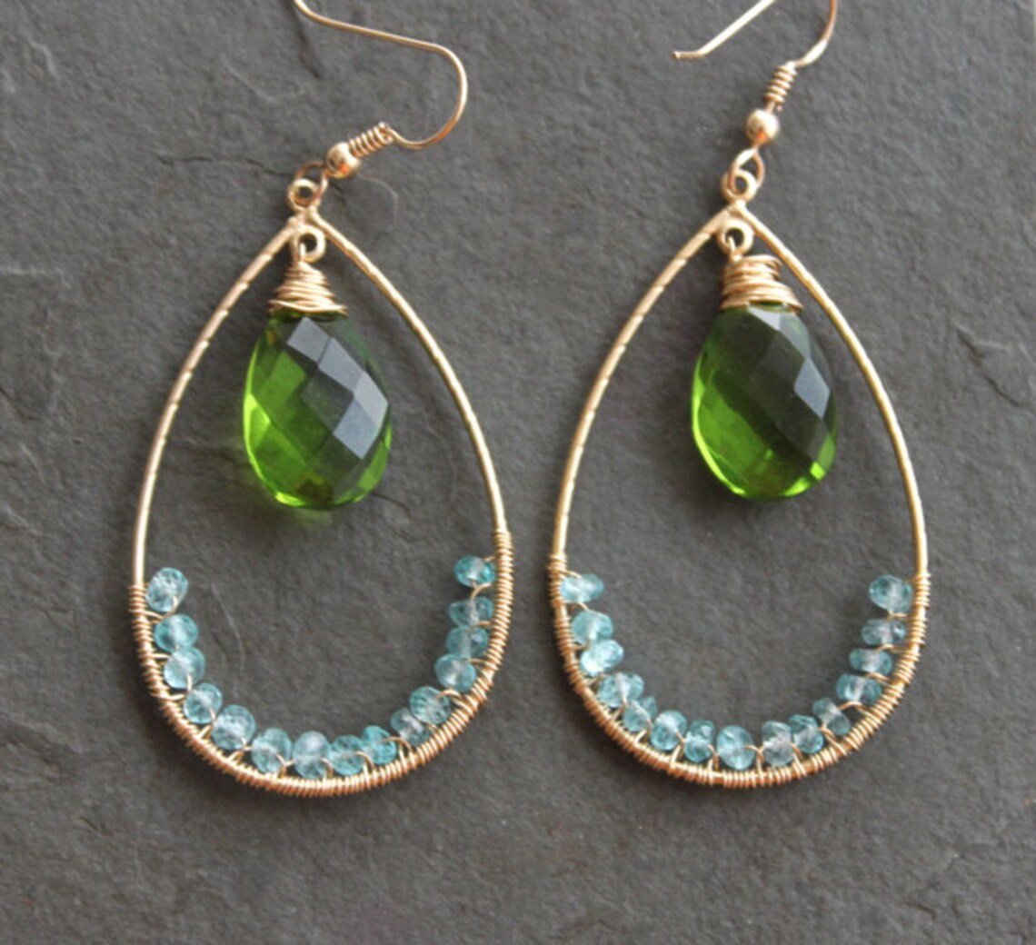 Ophelia Large Peridot Blue Apatite 14 Kt Gold Plated Tear Drop Hoops - Etsy
