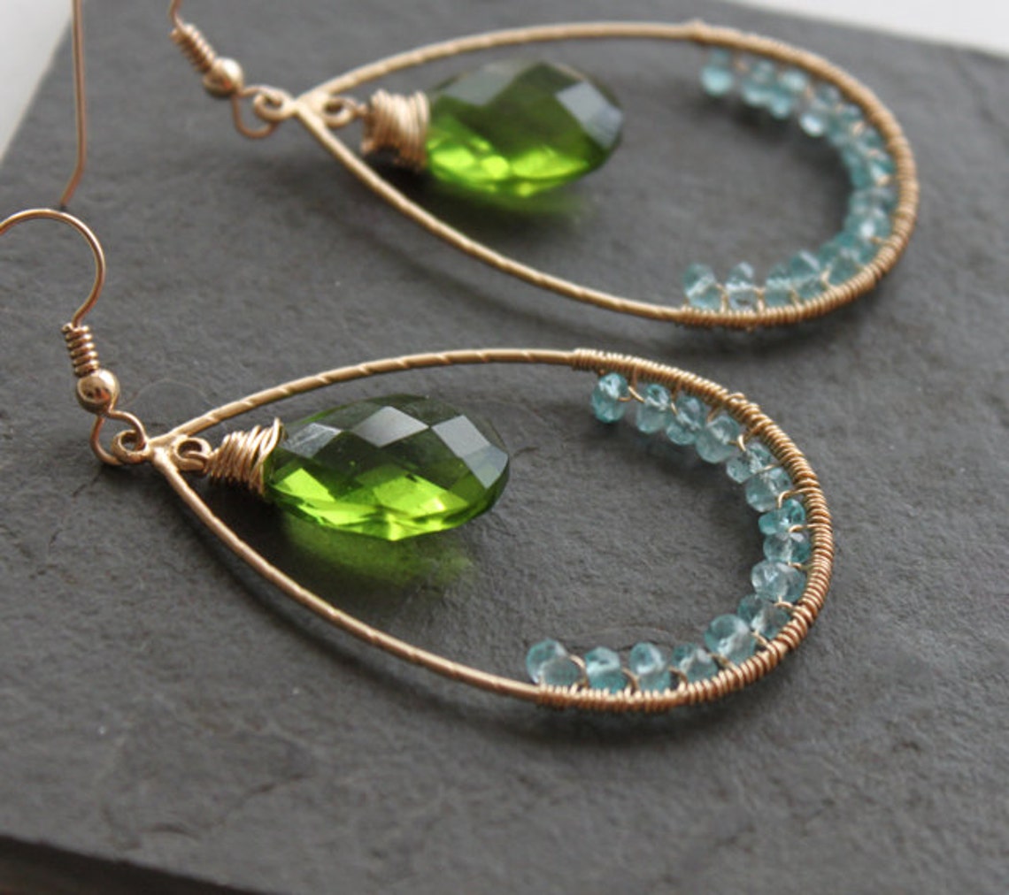 Ophelia Large Peridot Blue Apatite 14 Kt Gold Plated Tear Drop Hoops - Etsy