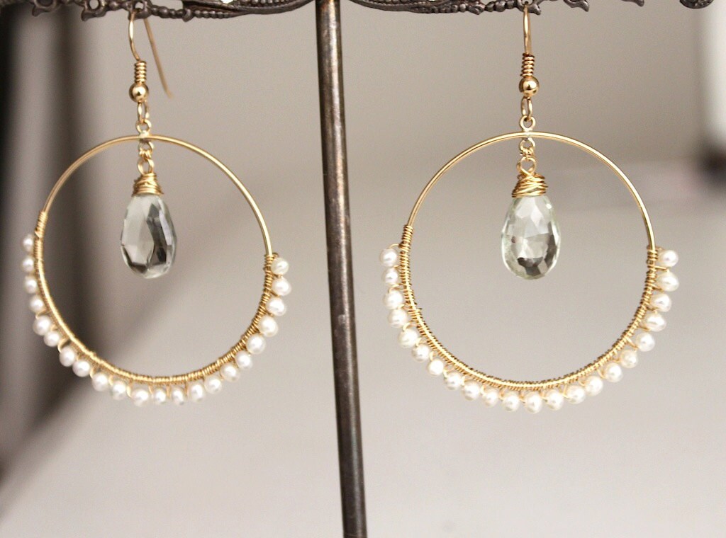 CATE Still Waters Green Amethyst Briolette and Freshwater Pearls 14 Kt ...