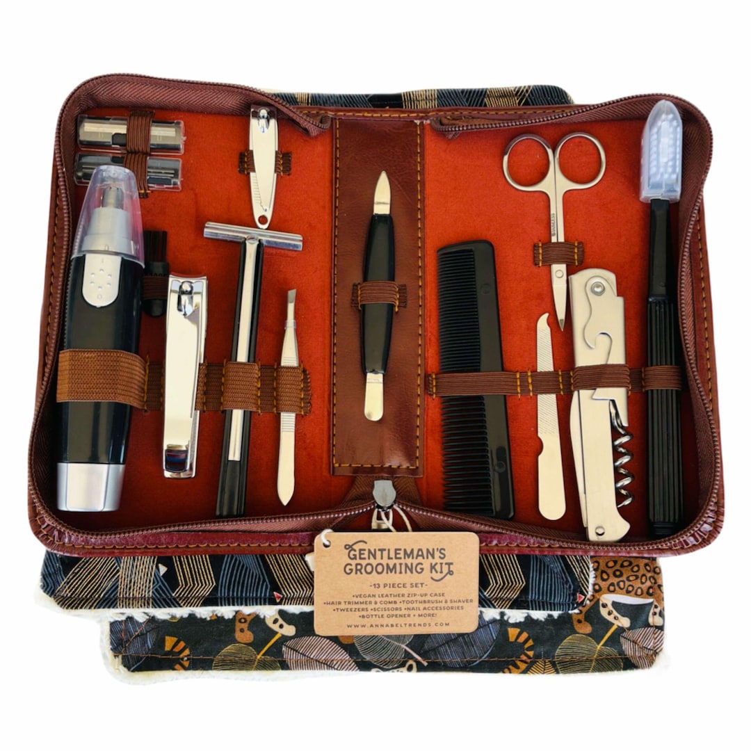 Men’s Vegan Leather Grooming Kit With Handmade Cotton Wash Cloths, Gift ...