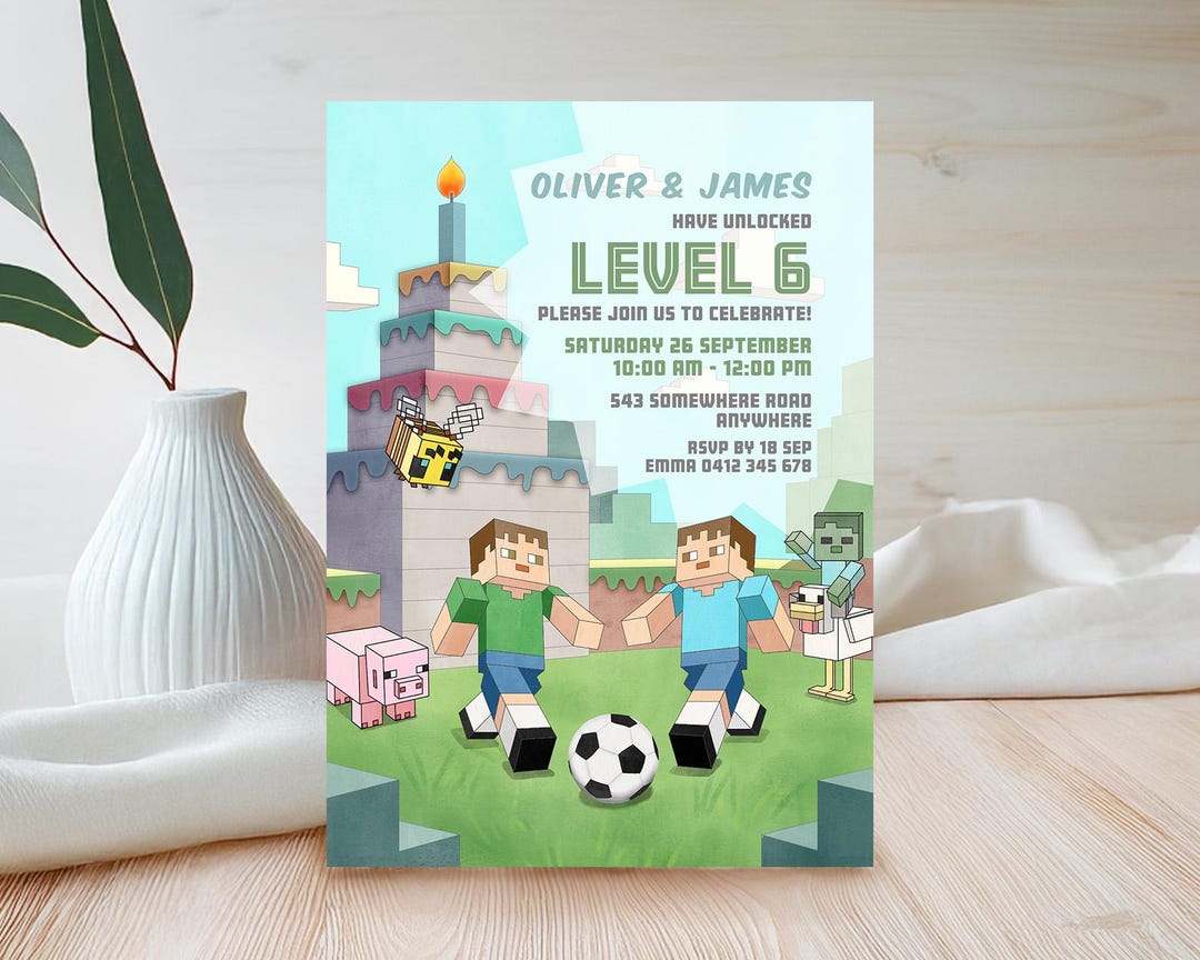 Joint Minecraft Soccer Birthday Invitation, Pixel Miner Football Invite ...