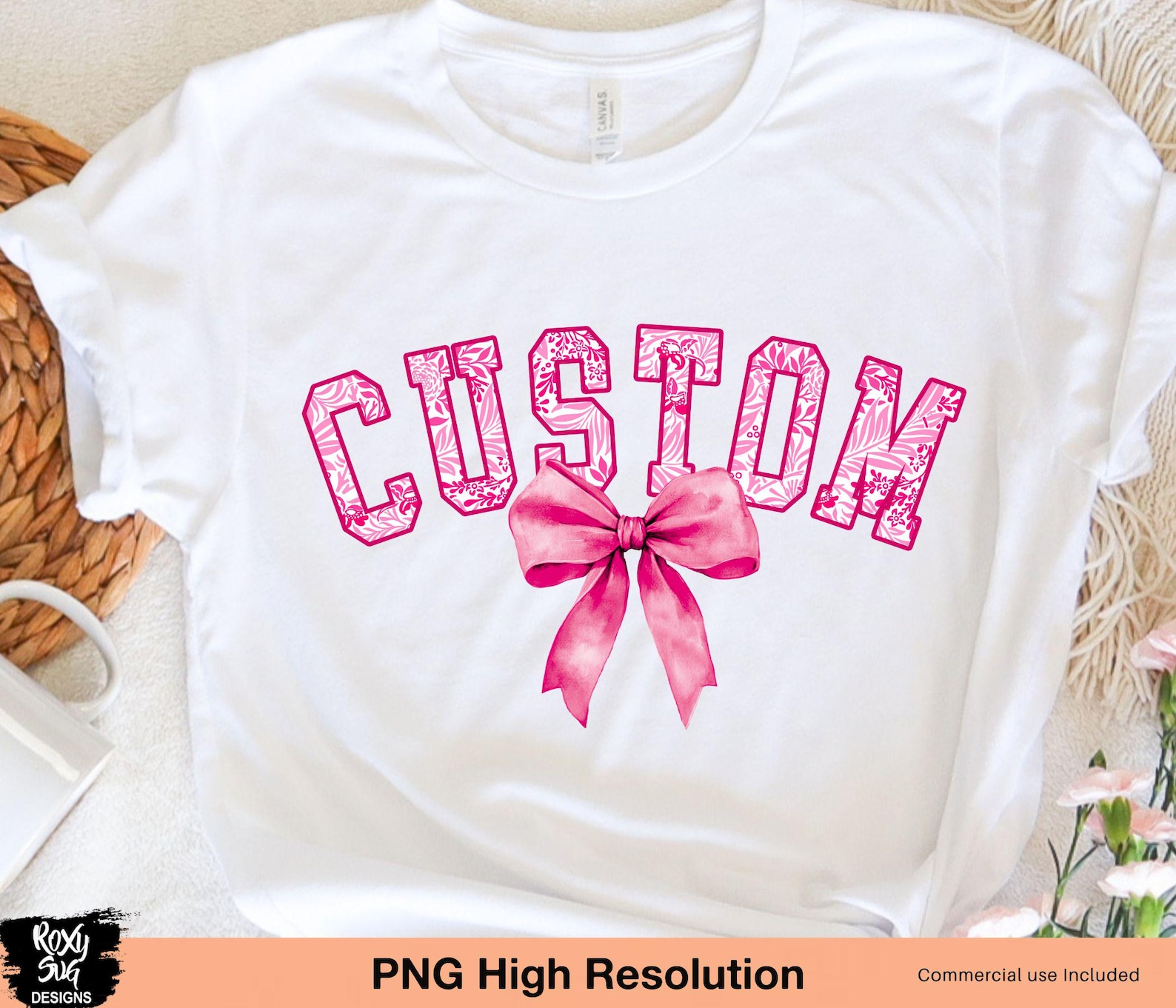 Custom Text Floral Toile Pink Png, Watercolor Coquette Bow, Custom Word ...