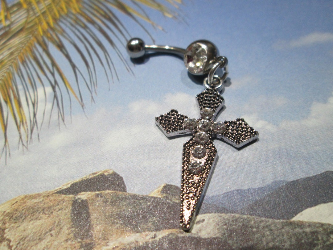 Belly Button Ring Cross Silver and Black With Rhinestones Body Jewelry ...