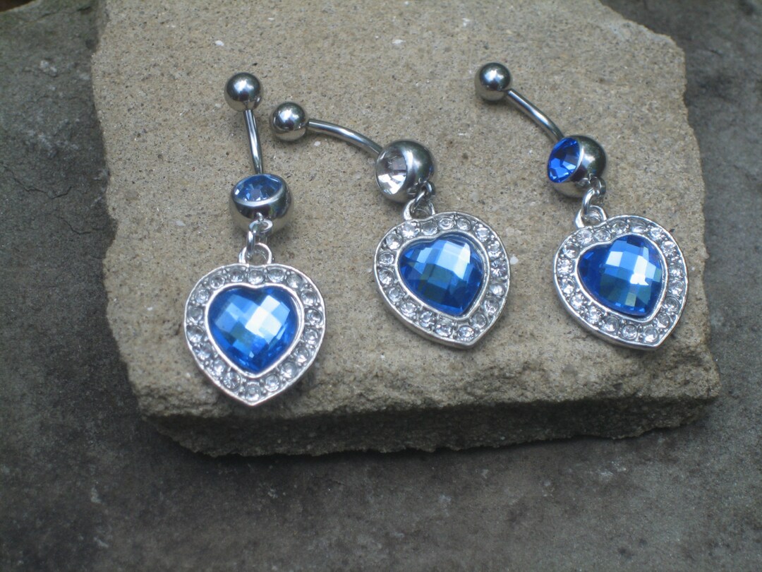 Blue Heart Encased in Crystal Rhinestone Belly Button Ring Body Jewelry ...