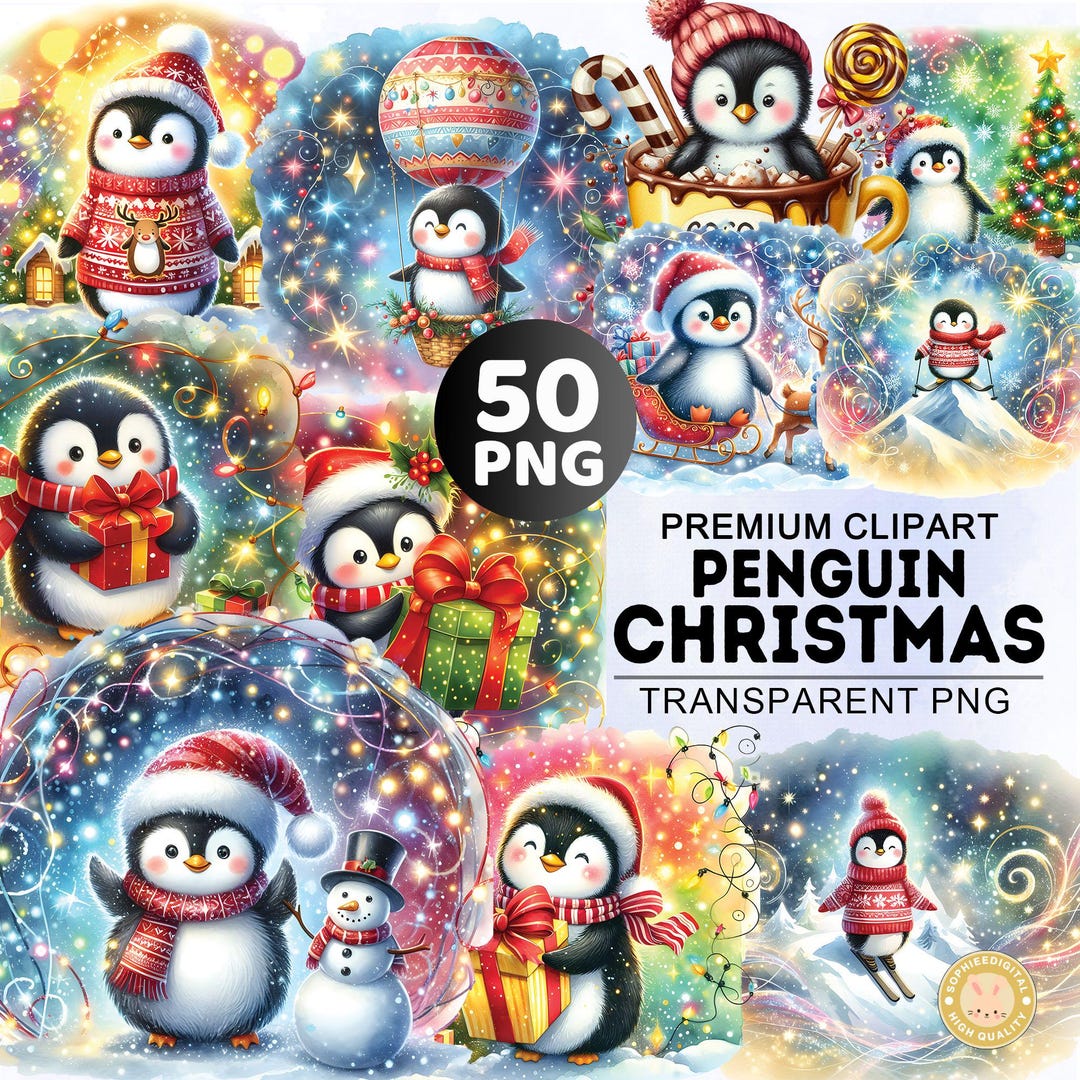 50+ Festive Penguin Bundle Png, Watercolor Penguin Christmas Clipart ...