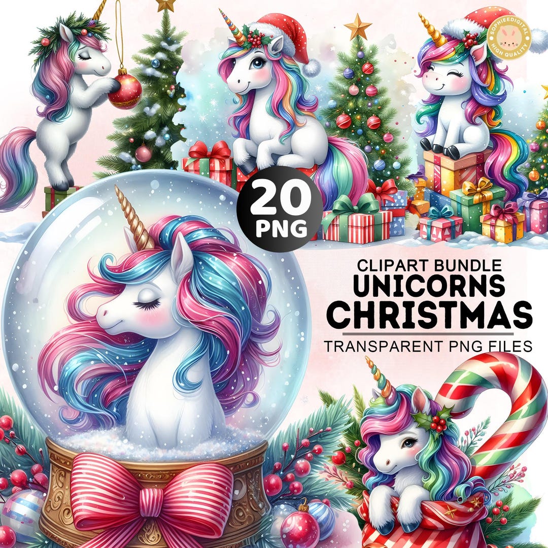 20+ Christmas Bundle Png, Watercolor Christmas Unicorns Clipart ...