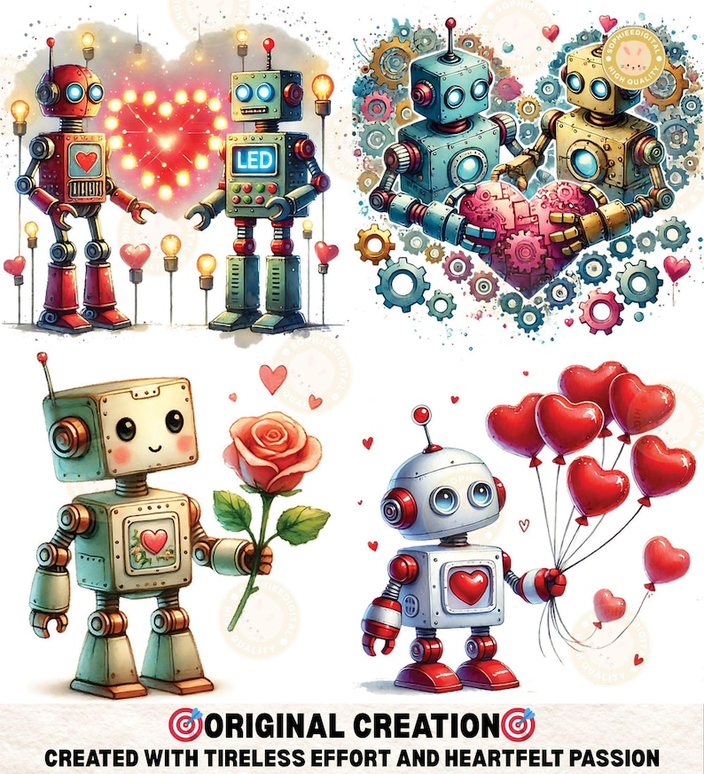 20+ Watercolor Valentines Robot Clipart Bundle, Cute Robot Png, Sweet ...