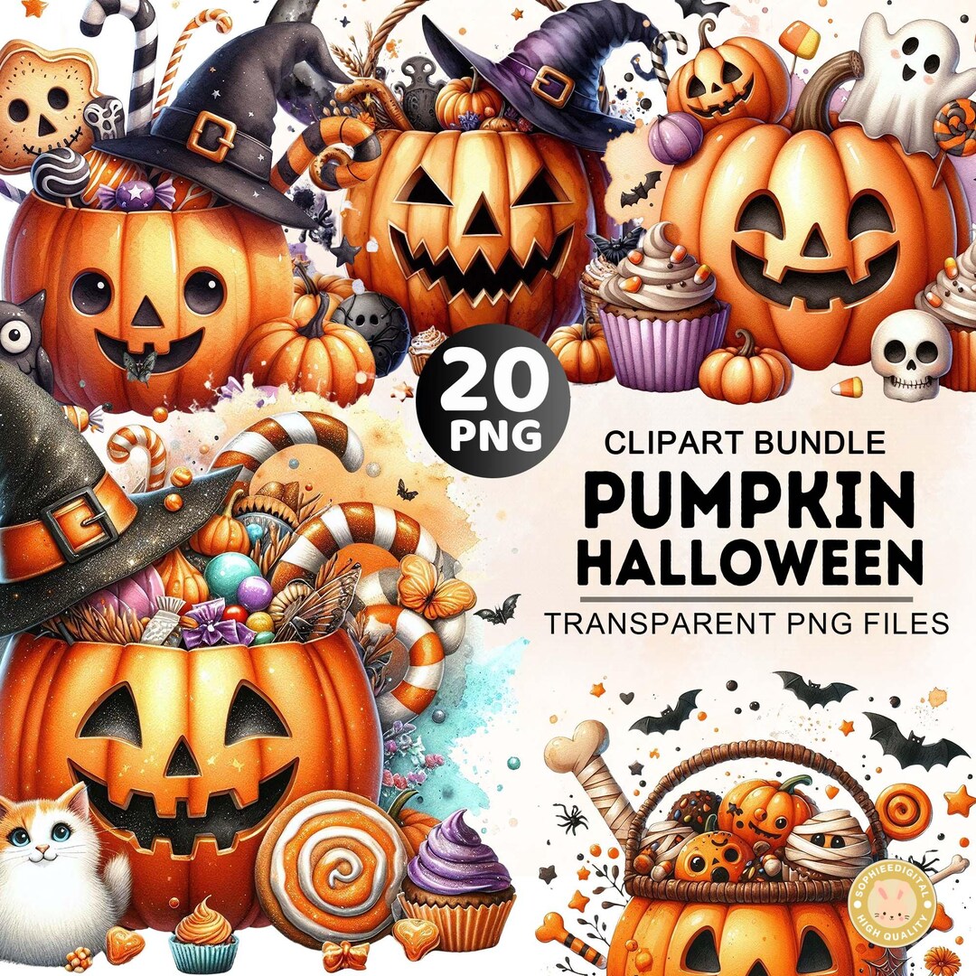 Pumpkin Faces Clipart Bundle, Retro Halloween Pumpkins Png, Halloween ...
