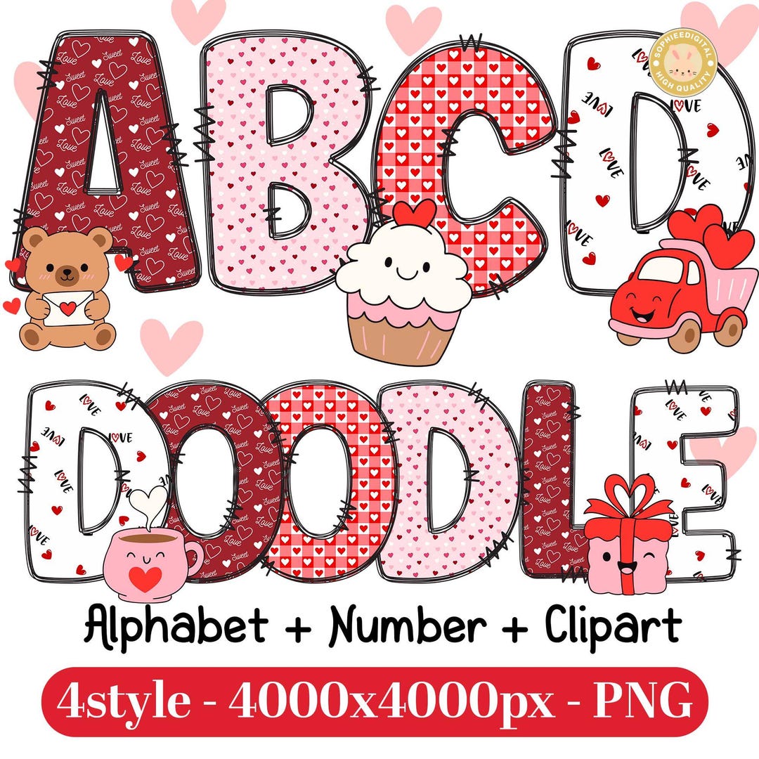 4+ Valentines Alphabet Png Bundle, Valentine Doodle Letters Png ...
