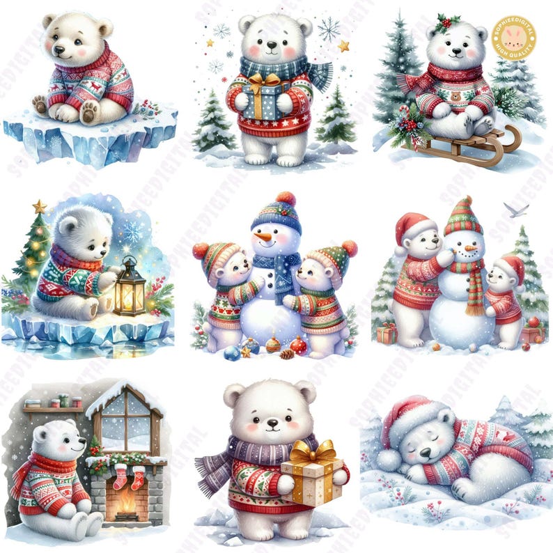 20+ Christmas Bundle Png, Watercolor Winter Polar Bear Clipart ...