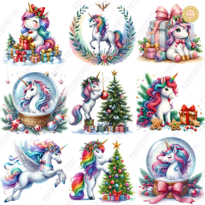 20+ Christmas Bundle Png, Watercolor Christmas Unicorns Clipart ...