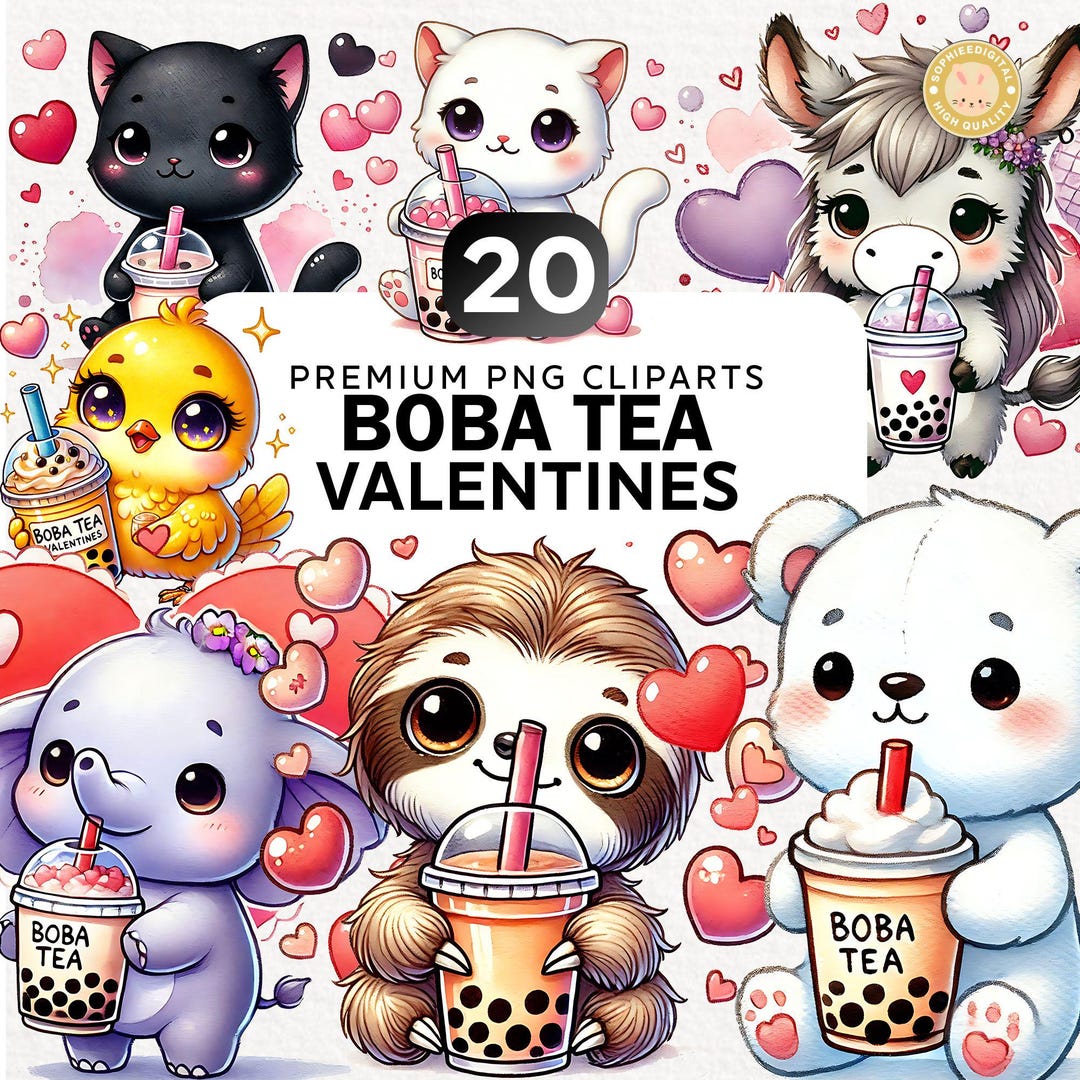 20+ Watercolor Boba Tea Clipart Bundle, Valentine Animal Png, Cute ...