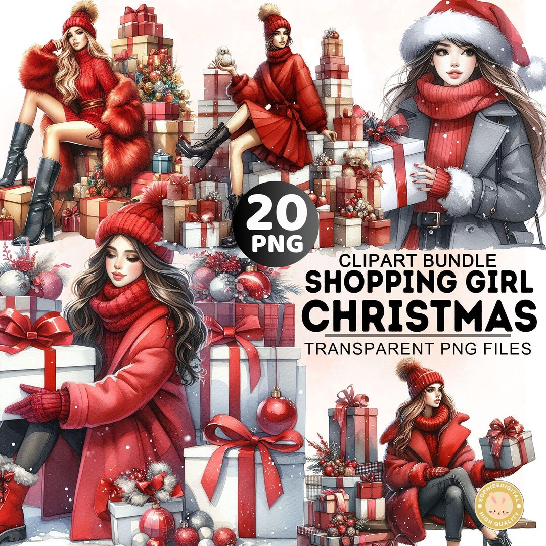 20+ Xmas Bundle Png, Watercolor Christmas Shopping Girl Clipart ...