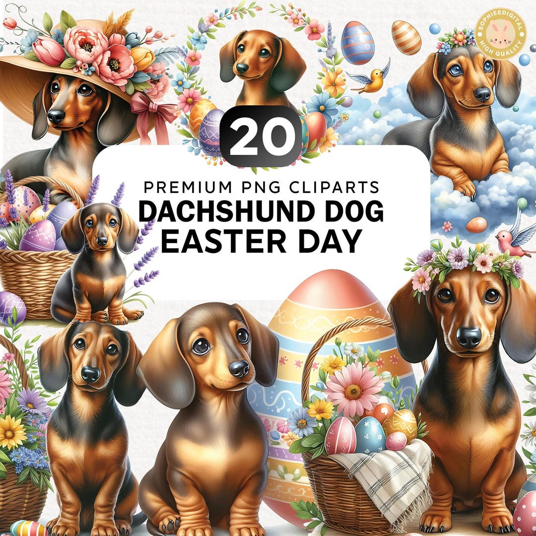 20+ Watercolor Easter Dachshund Dog Clipart PNG Bundle, Easter Sausage ...