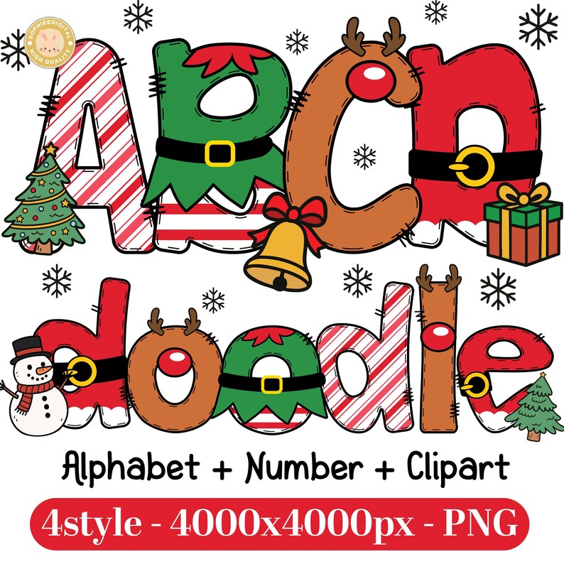 4+ Christmas Alphabet Png Bundle, Christmas Font Png, Christmas Doodle ...
