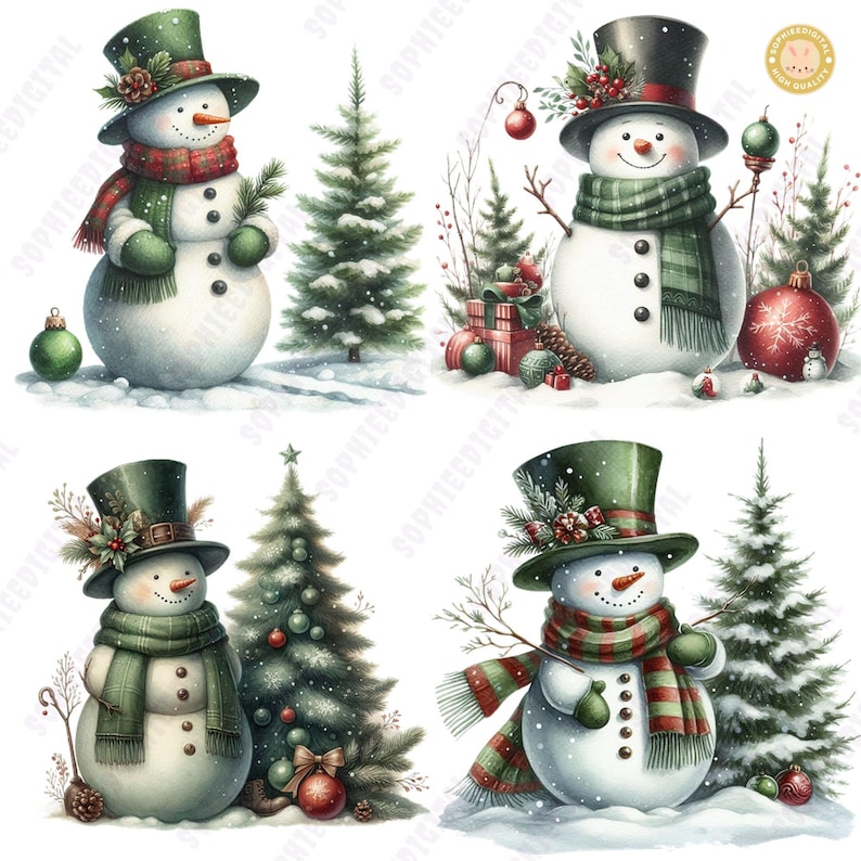20+ Xmas Bundle Png, Watercolor Snowman Green Scarf Clipart, Festive ...