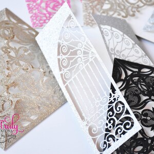 Lace Laser Folder Wedding Invitation, Charcoal Gray, Custom Colors ...