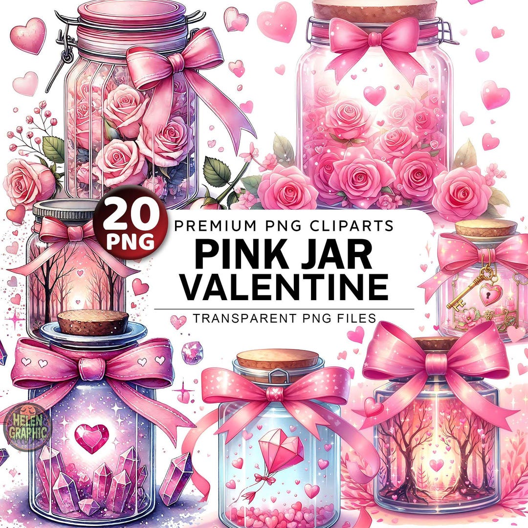 Watercolor Coquette Pink Jar Clipart Bundle, 20 PNG Romantic Jar, Heart ...