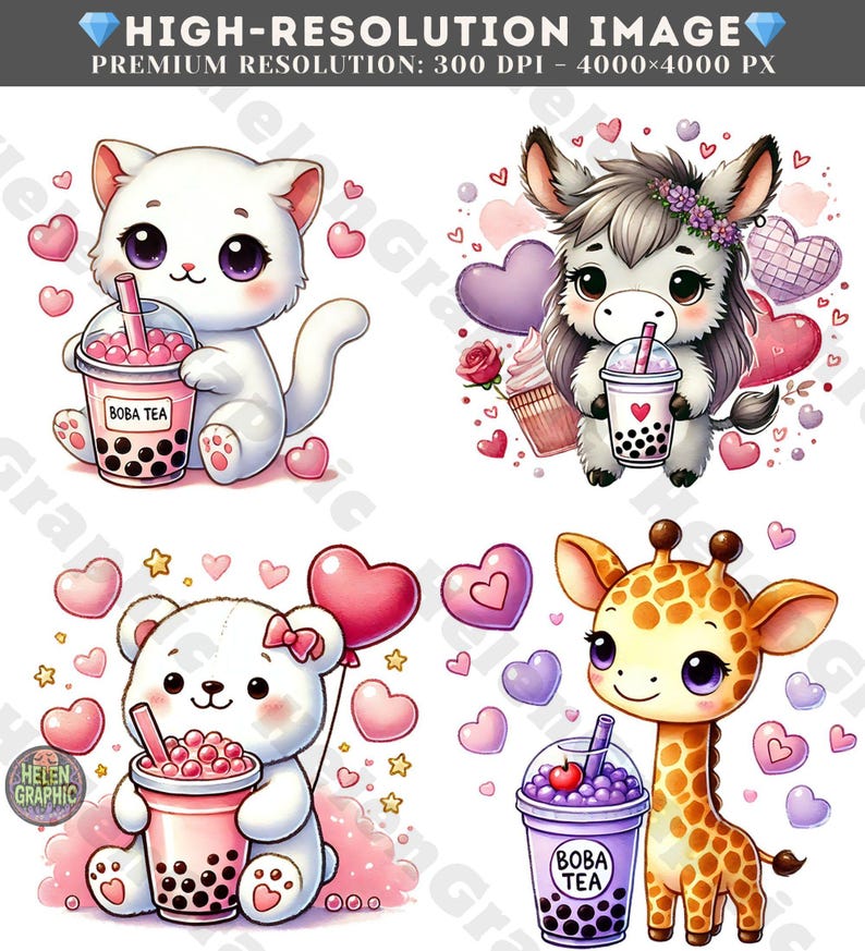 Watercolor Boba Tea Clipart Bundle, 20 PNG Cute Animal, Valentine ...