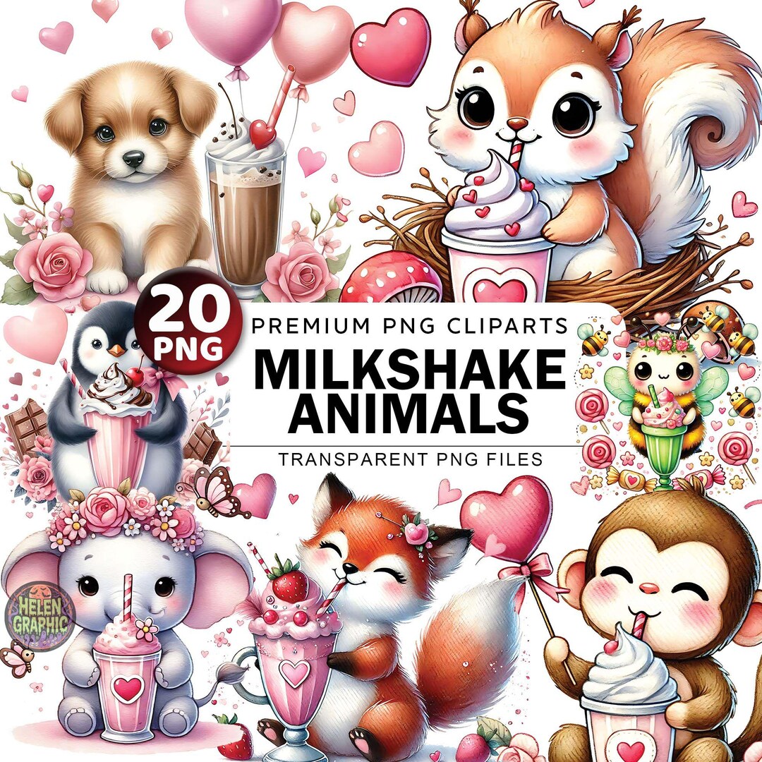 Watercolor Milkshake Animals Clipart Bundle, 20 PNG Lovely Animals ...