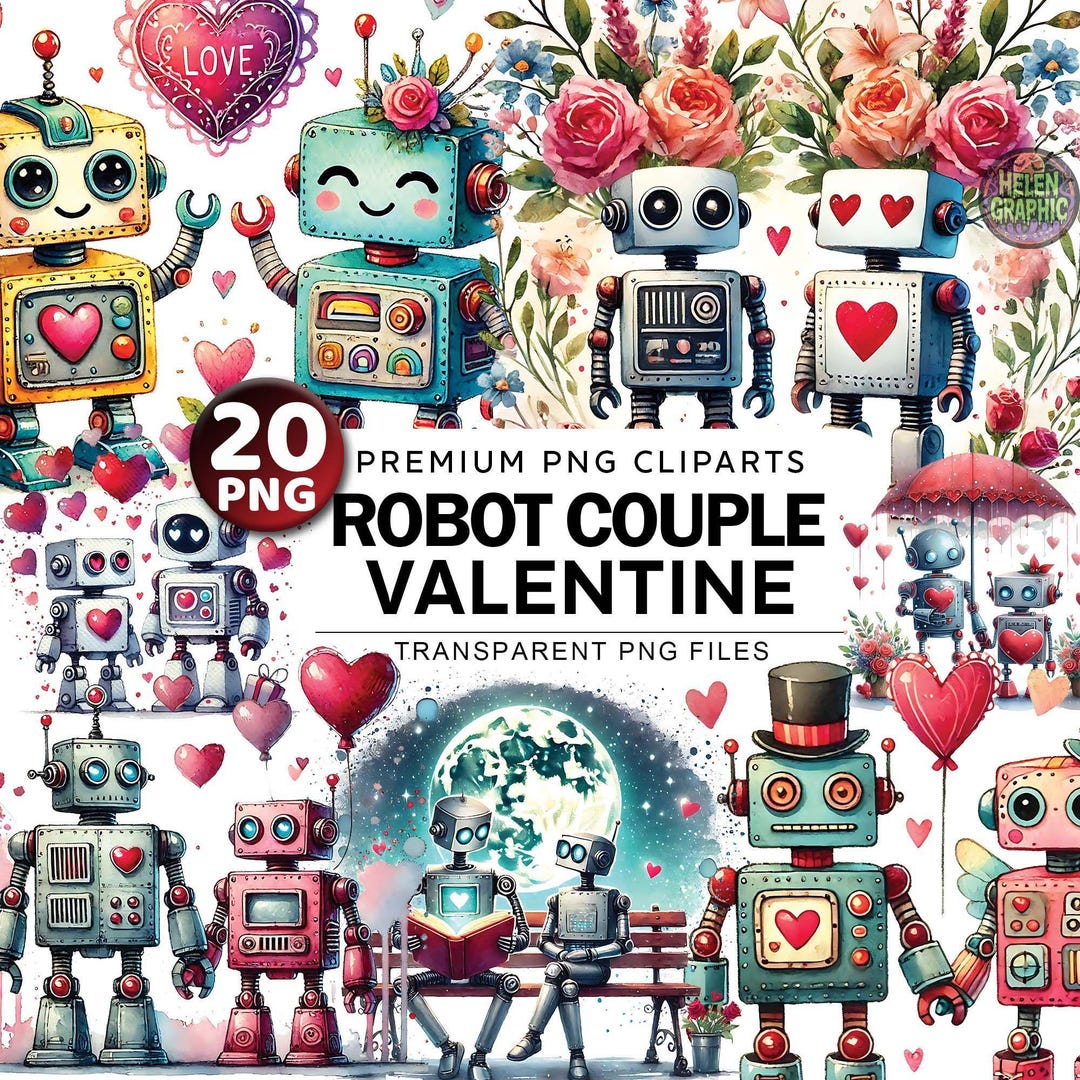 Watercolor Robot Couple Clipart Bundle, 20 PNG Couple Valentines ...