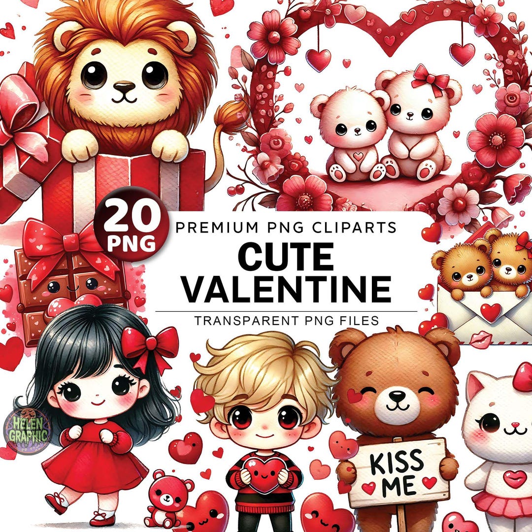 Watercolor Cute Valentines Clipart Bundle, 20 PNG Sweet Heart, Love ...