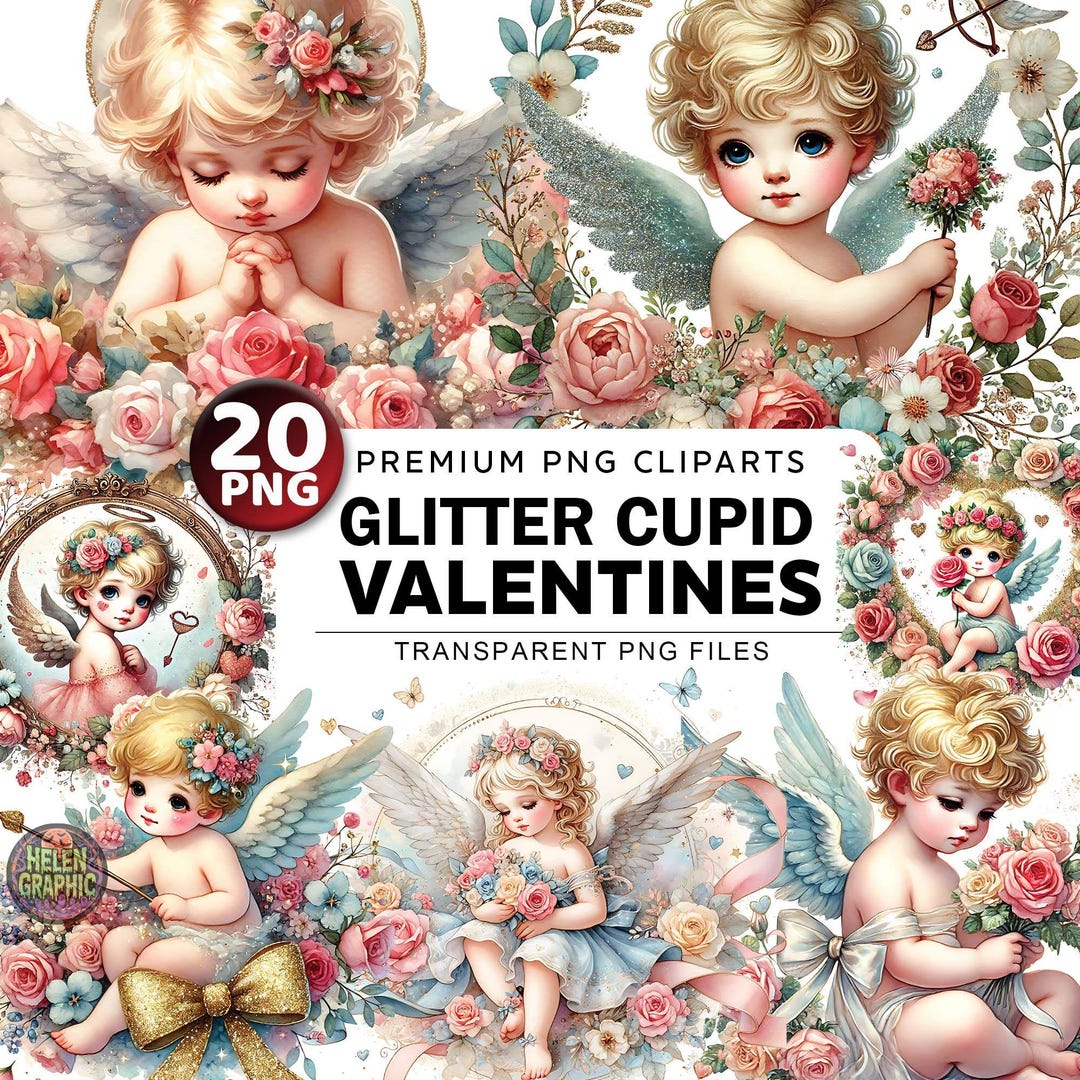 Watercolor Cupid Clipart Bundle, 20 PNG Retro Cupid, Vintage Cupid ...