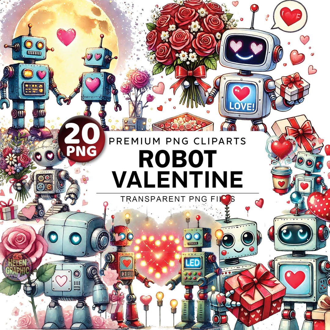 Watercolor Valentines Robot Clipart Bundle, 20 PNG Sweet Heart, Cute ...