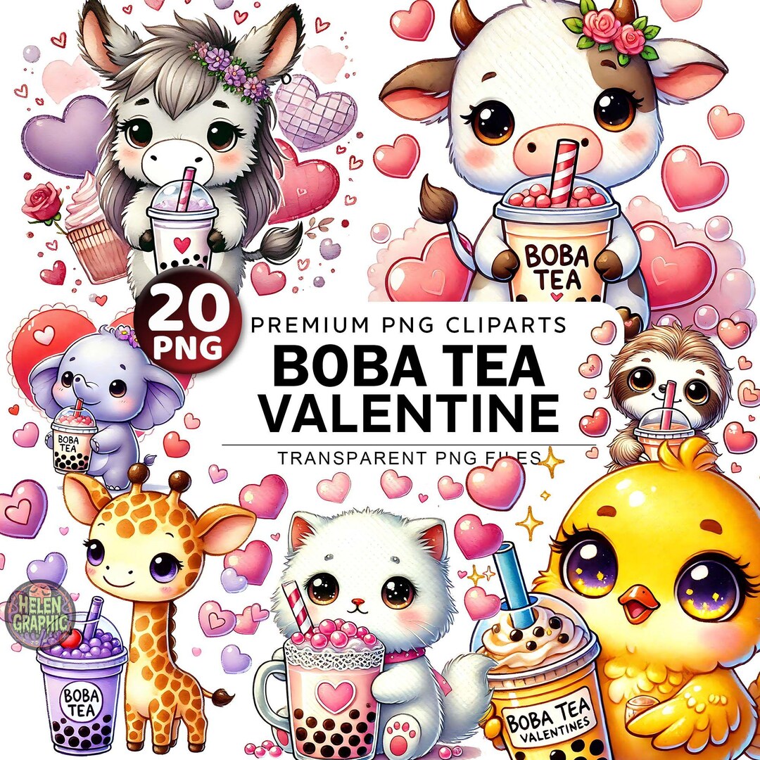 Watercolor Boba Tea Clipart Bundle, 20 PNG Cute Animal, Valentine ...