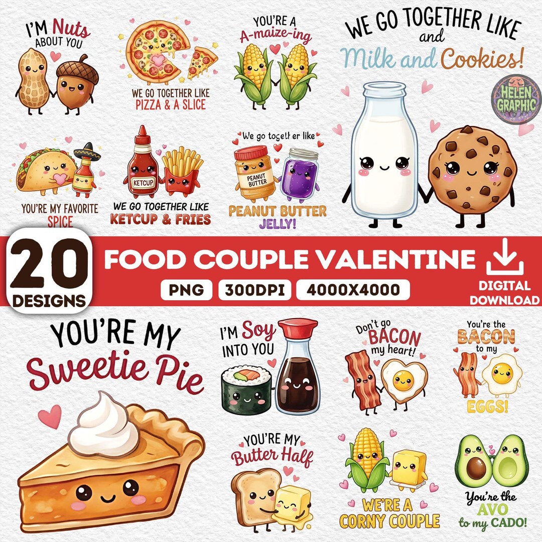 Food Pun Valentine Png Bundle, 20 PNG Valentines Day, Corny Couple Png ...