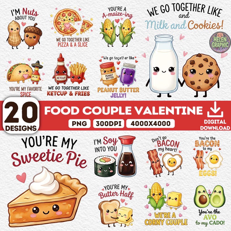 Food Pun Valentine Png Bundle, 20 PNG Valentines Day, Corny Couple Png ...