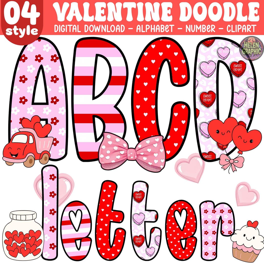 Valentine Alphabet Png Bundle, 4 PNG Valentine Doodle, Valentines Fonts ...
