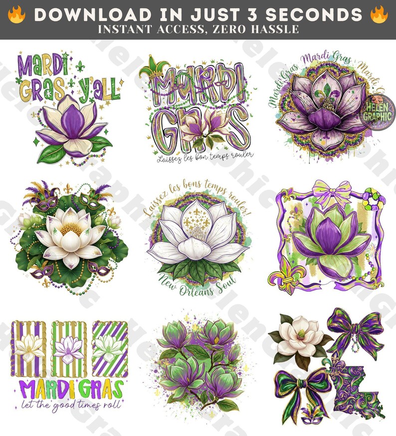 Mardi Gras Flower Png Bundle, 20 PNG Louisiana Magnolia, Fleur De Lis ...