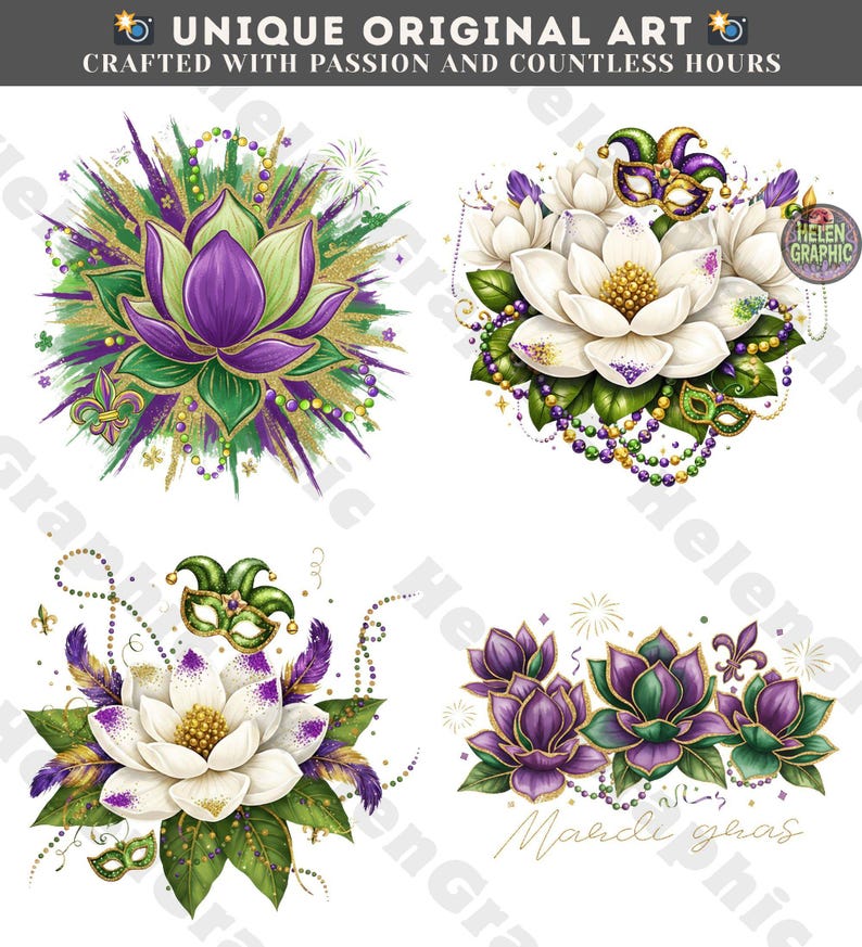 Mardi Gras Flower Png Bundle, 20 PNG Louisiana Magnolia, Fleur De Lis ...