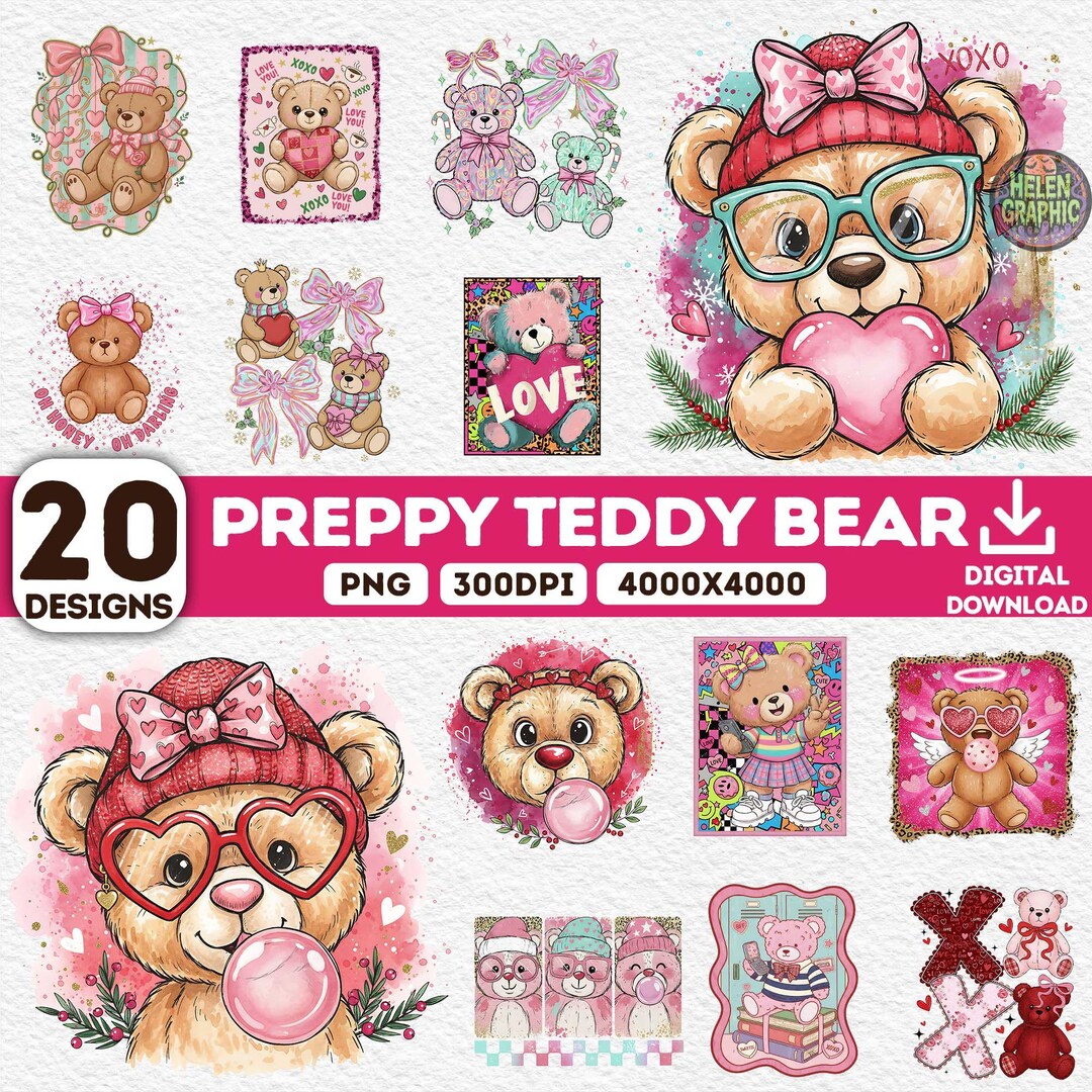 Preppy Teddy Bear Png Bundle, 20 PNG Valentines Day, Coquette Valentine ...