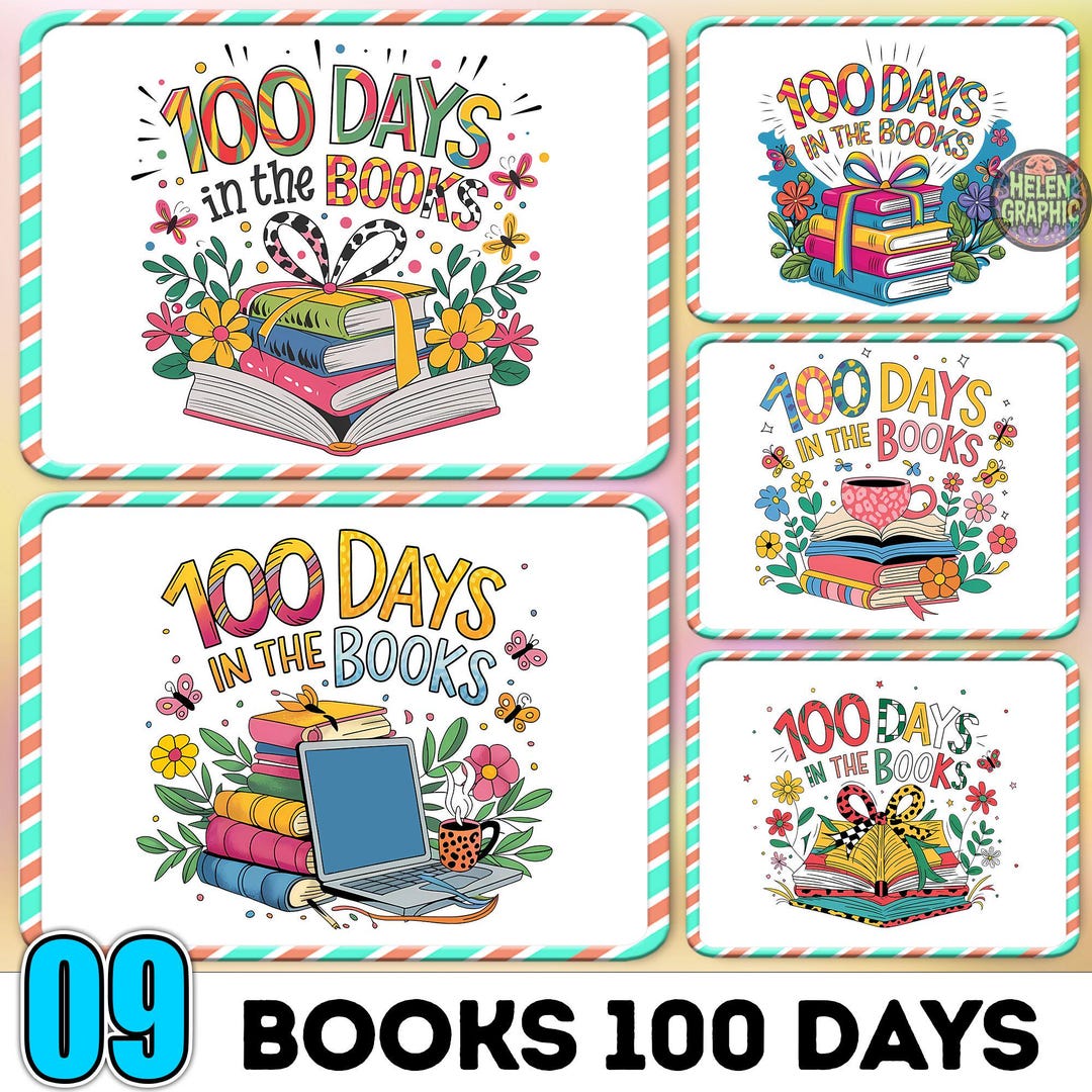 100 Days in the Books Png Bundle, 10 PNG Retro 100 Days of Scchool, 100 ...