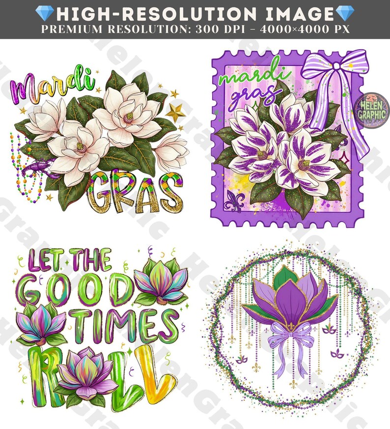 Mardi Gras Flower Png Bundle, 20 PNG Louisiana Magnolia, Fleur De Lis ...