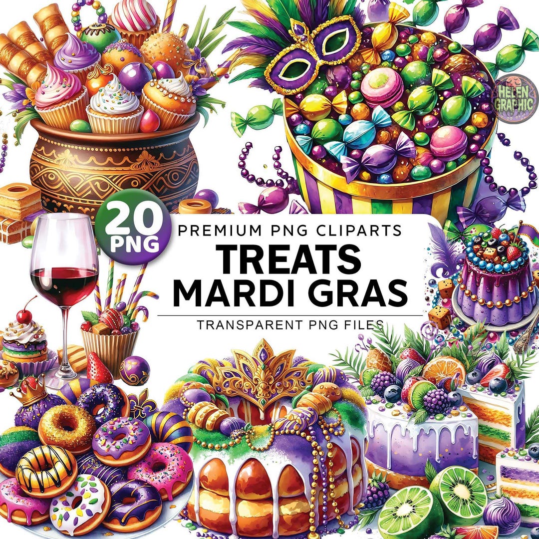 Mardi Gras Treat Clipart Bundle, 20 PNG Fat Tuesday Dessert, Carnival ...