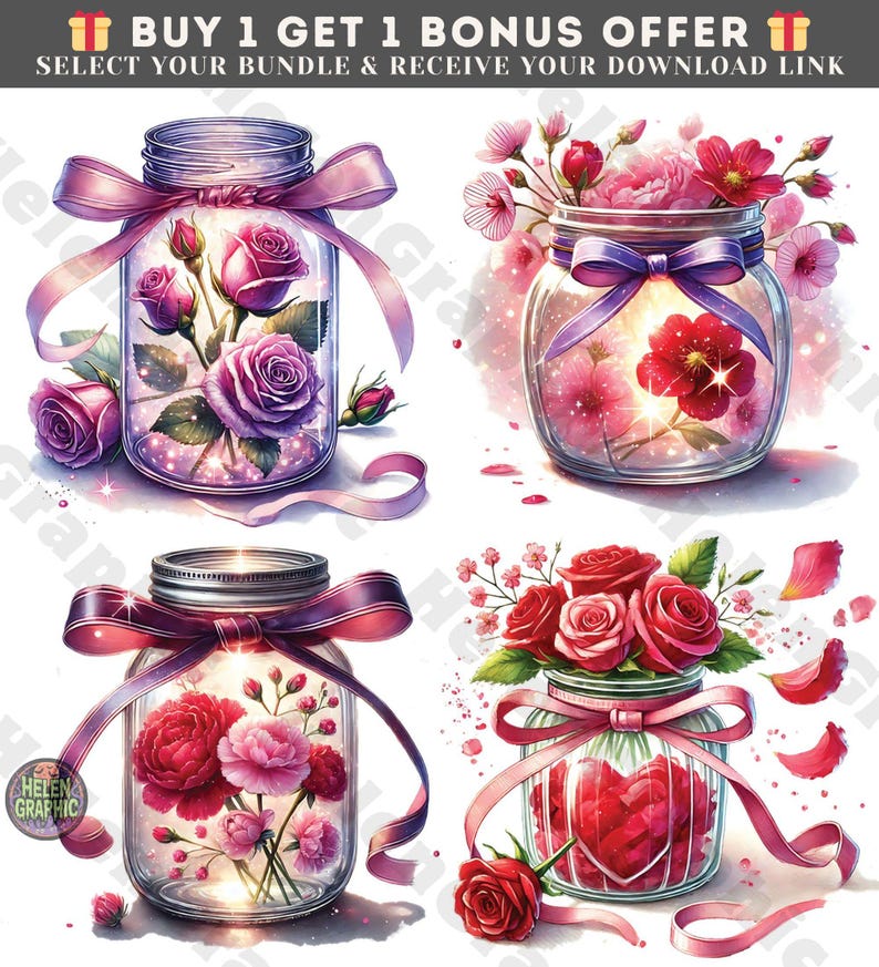 Watercolor Coquette Jar Clipart Bundle, 20 PNG Romantic Jar, Flower Jar ...