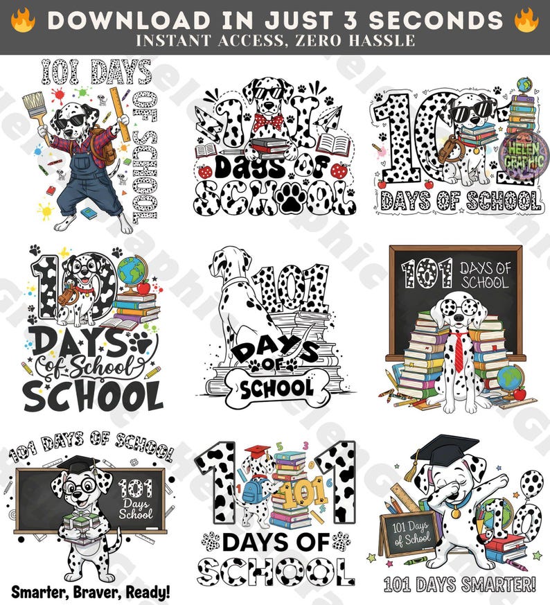 101 Days of School Png Bundle, 20 PNG 100 Days Smarter, Dalmatian Dog ...