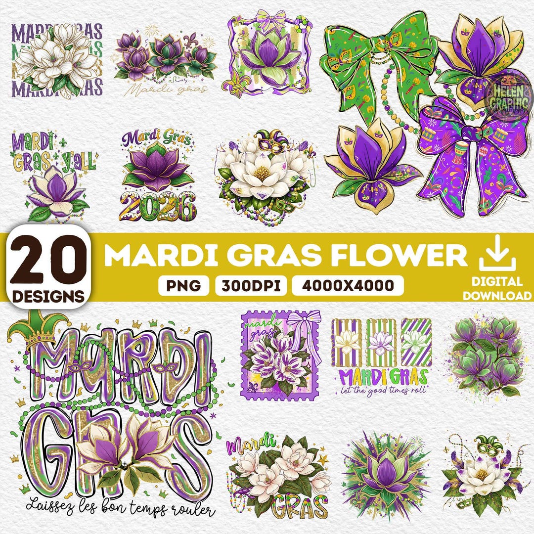 Mardi Gras Flower Png Bundle, 20 PNG Louisiana Magnolia, Fleur De Lis ...