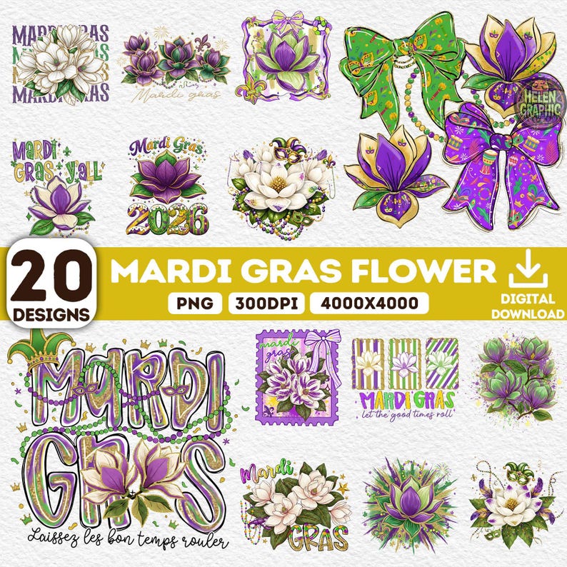 Mardi Gras Flower Png Bundle, 20 PNG Louisiana Magnolia, Fleur De Lis ...