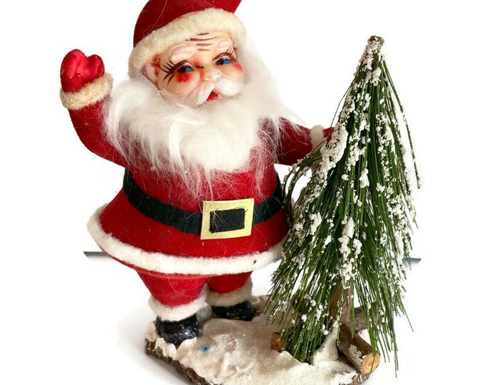 Retro Flocked Santa With Evergreen Tree on a "snow Covered" Wood Slice ...