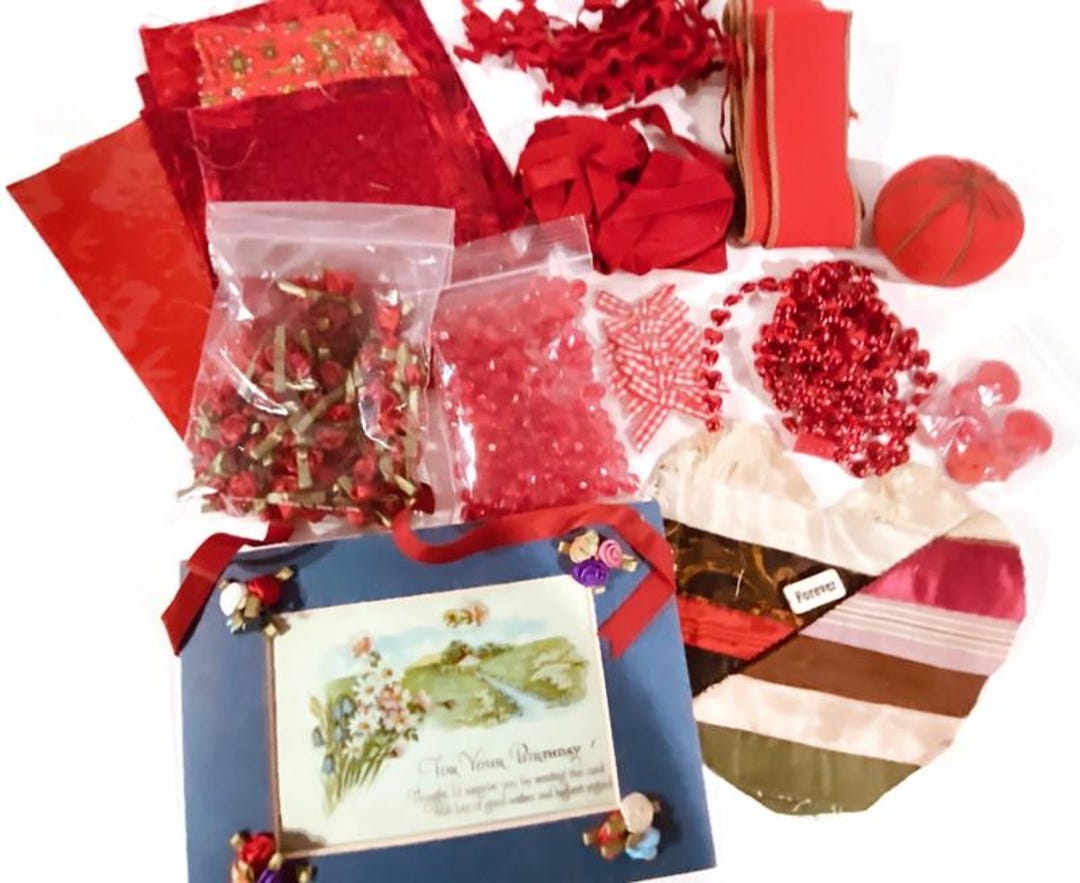 Shades of Red Ephemera Lot of Junk Journal Ephemera, Buttons, Ribbon ...