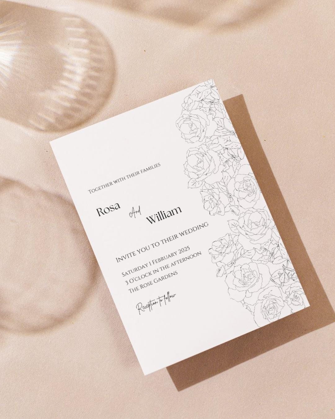 Customisable Floral Rose Line Drawing Wedding Invitation Digital ...